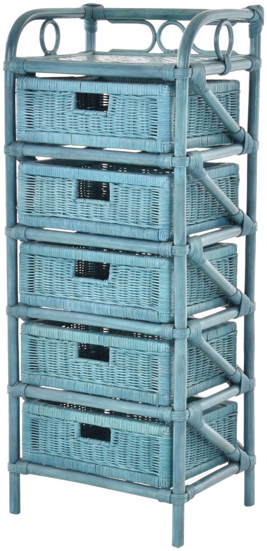 Kommode Standregal mit 5 Körben aus Rattan | 46x34x112cm | Weiss | Krines Home