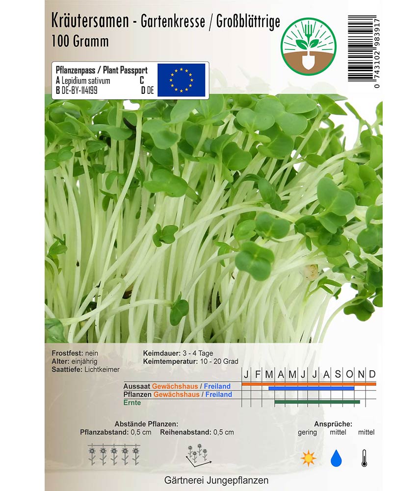 Gartenkresse, Kresse / Großblättrige - Lepidium sativum - 100 Gramm