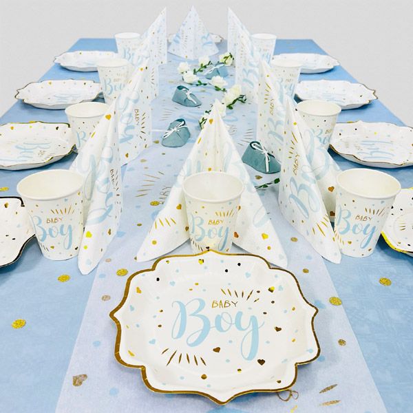 Baby Boy Gold/Weiß Party Deko-Set Jungen bis 10 Gäste, Tischdeko