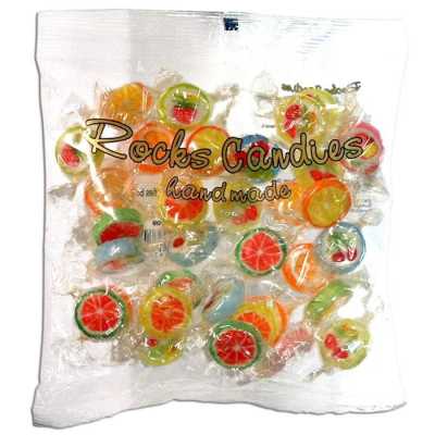 Rocks Bonbons, verschiedene bunte Frucht-Motive und ...